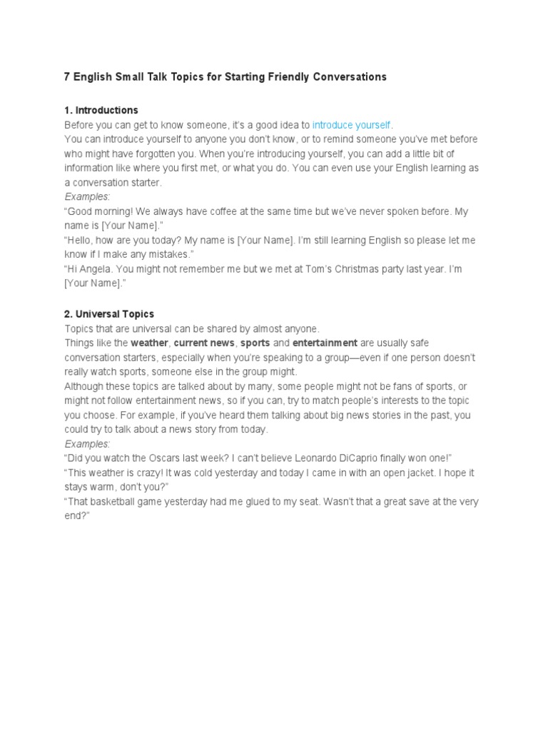 English Small Talk Topics For Starting Friendly Conversations | PDF