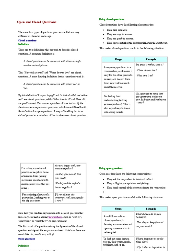 Open and Closed Questions | PDF | Question | Definition