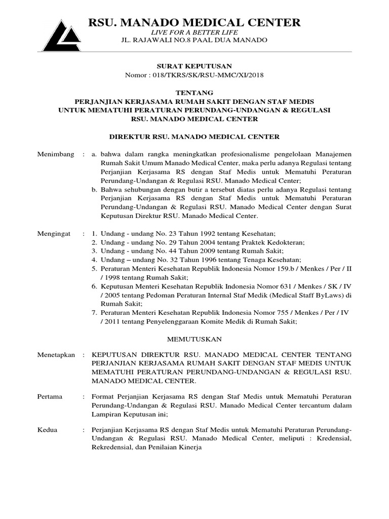 Toaz - Info Tkrs 018 A Surat Keputusan Perjanjian Kerjasama Rs Dengan Staf Medis Rsu PR | PDF ...