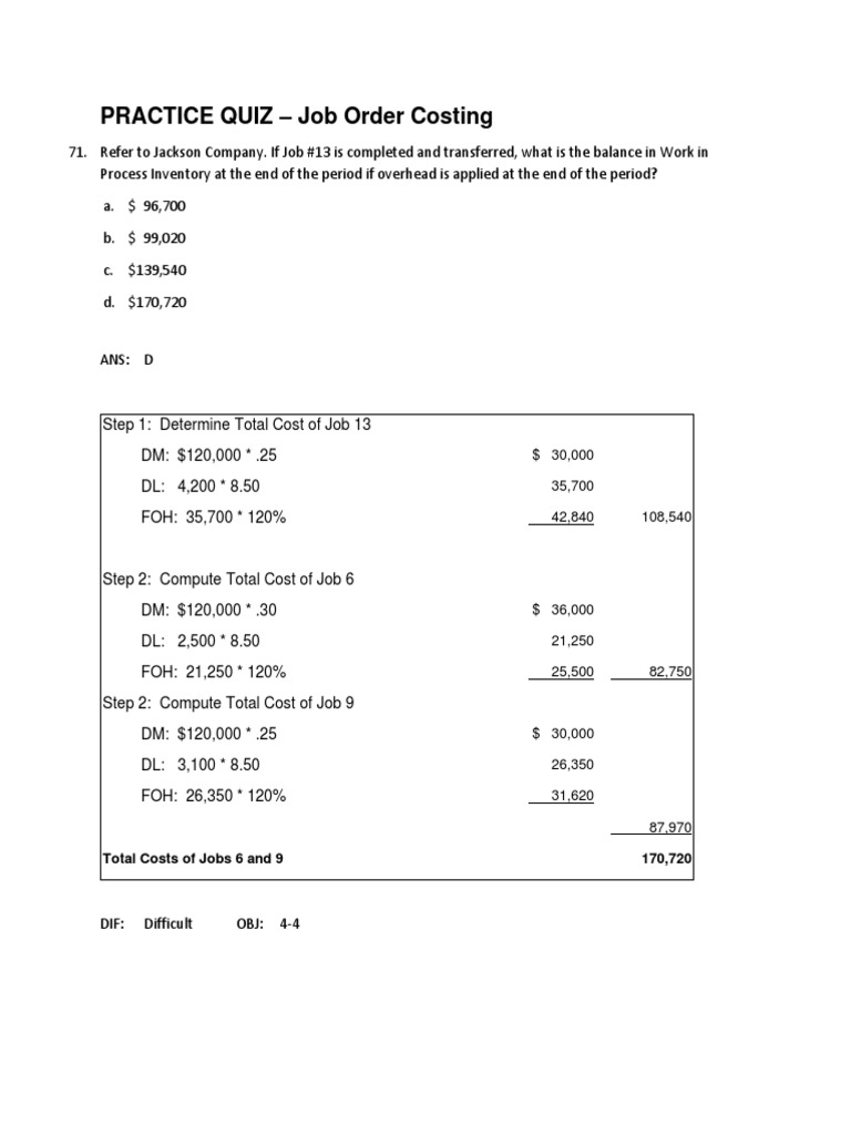 Job Order Costing Practice Quiz | PDF | Business | Management Accounting