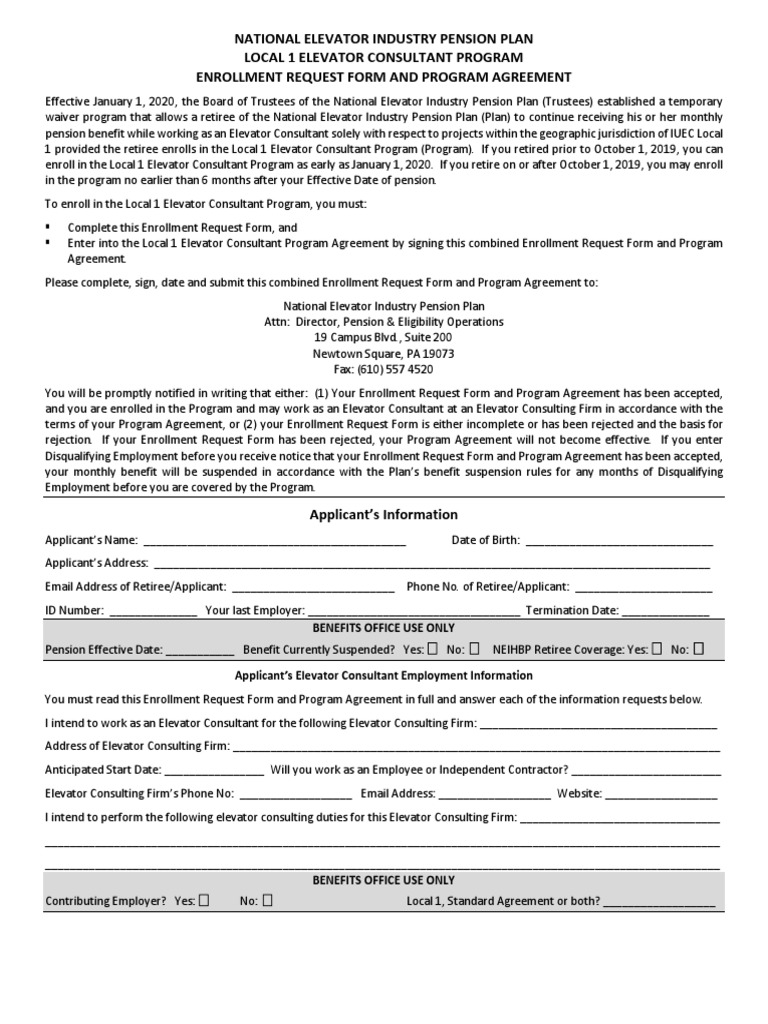 NEI Pension Local 1 Elevator Consultant Program Enrollment Request Form ...
