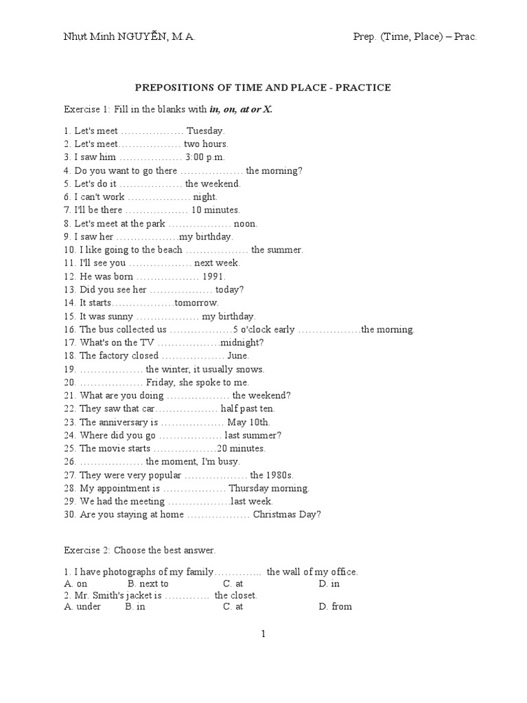 Prepositions of Time and Place Exercises | PDF