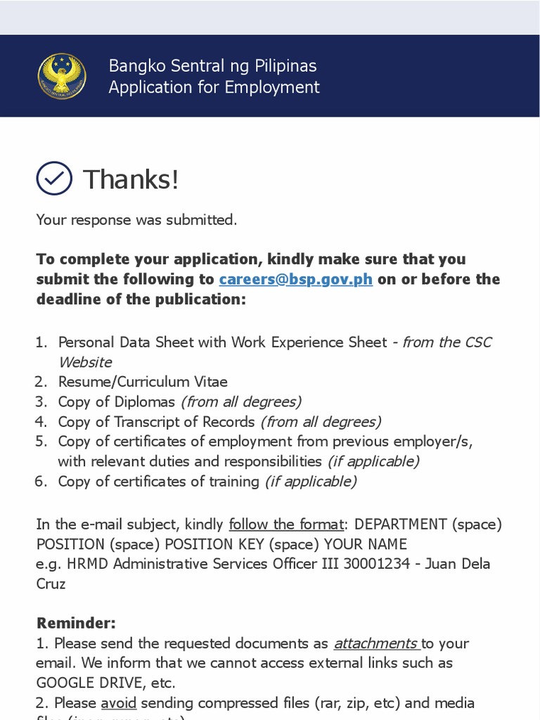 Bangko Sentral NG Pilipinas Application For Employment | PDF