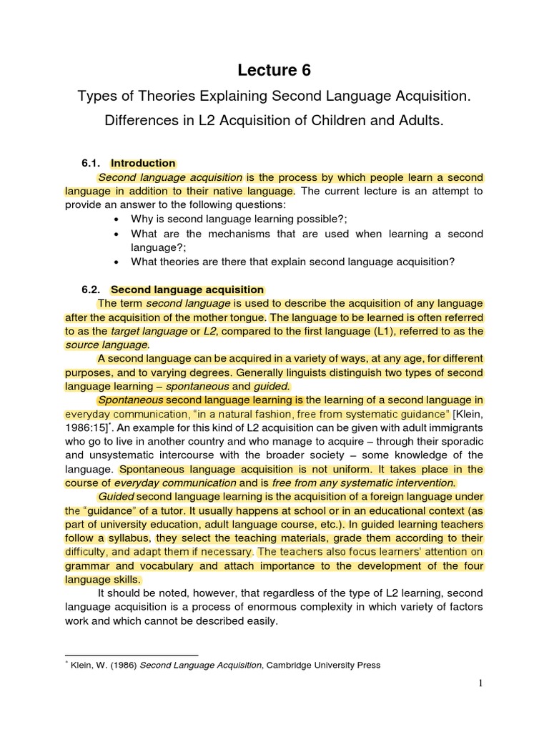 Lecture 6 - Types of Theories L2 Acquisition | PDF | Second Language Acquisition | Language ...