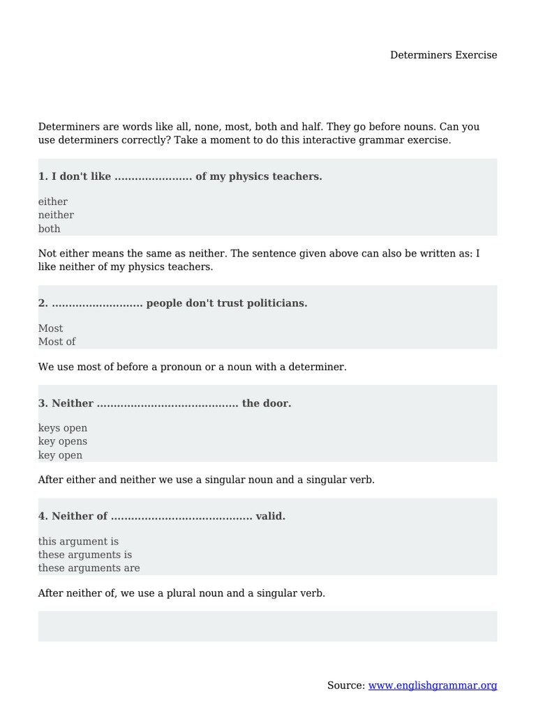 Determiners Exercise | PDF | Grammatical Number | Noun