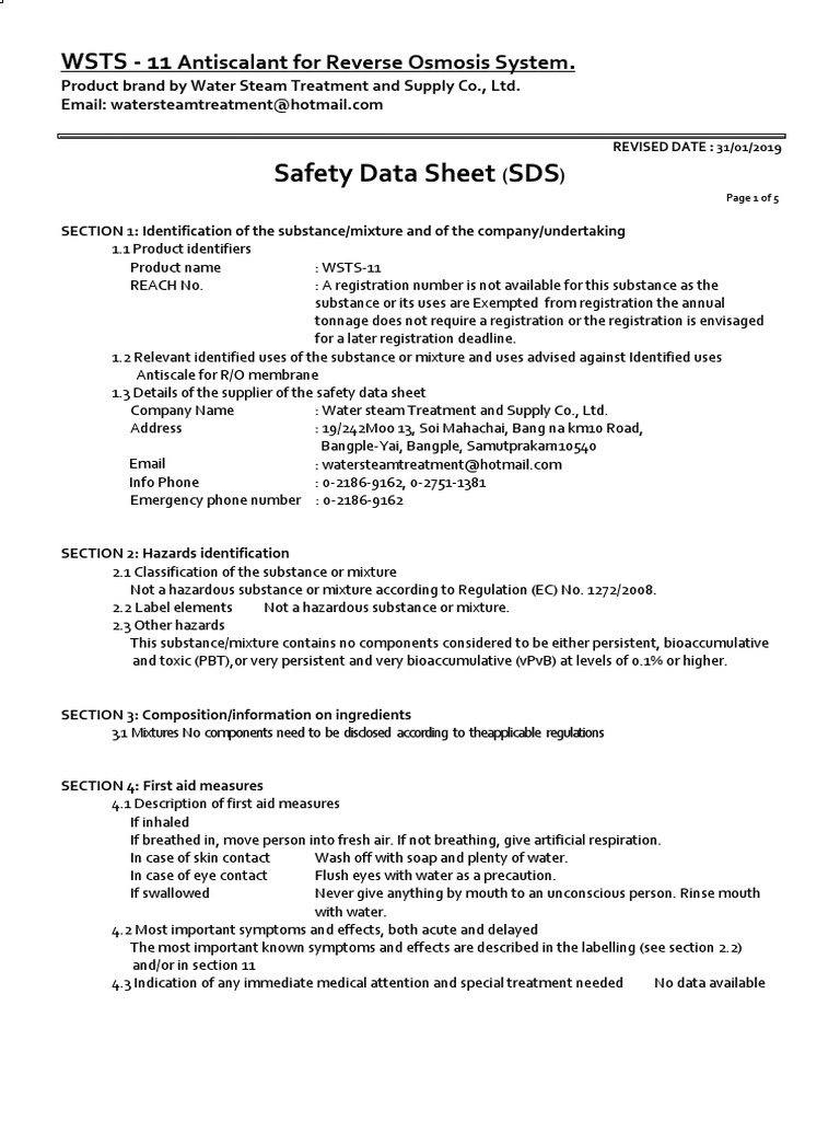 MSDS WSTS-11 (Anti Scale RO) Eng | PDF | Dangerous Goods | Toxicity