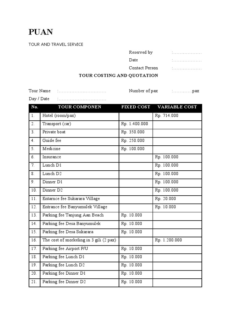 Tour Costing and Quotation | PDF | Economies | Marketing