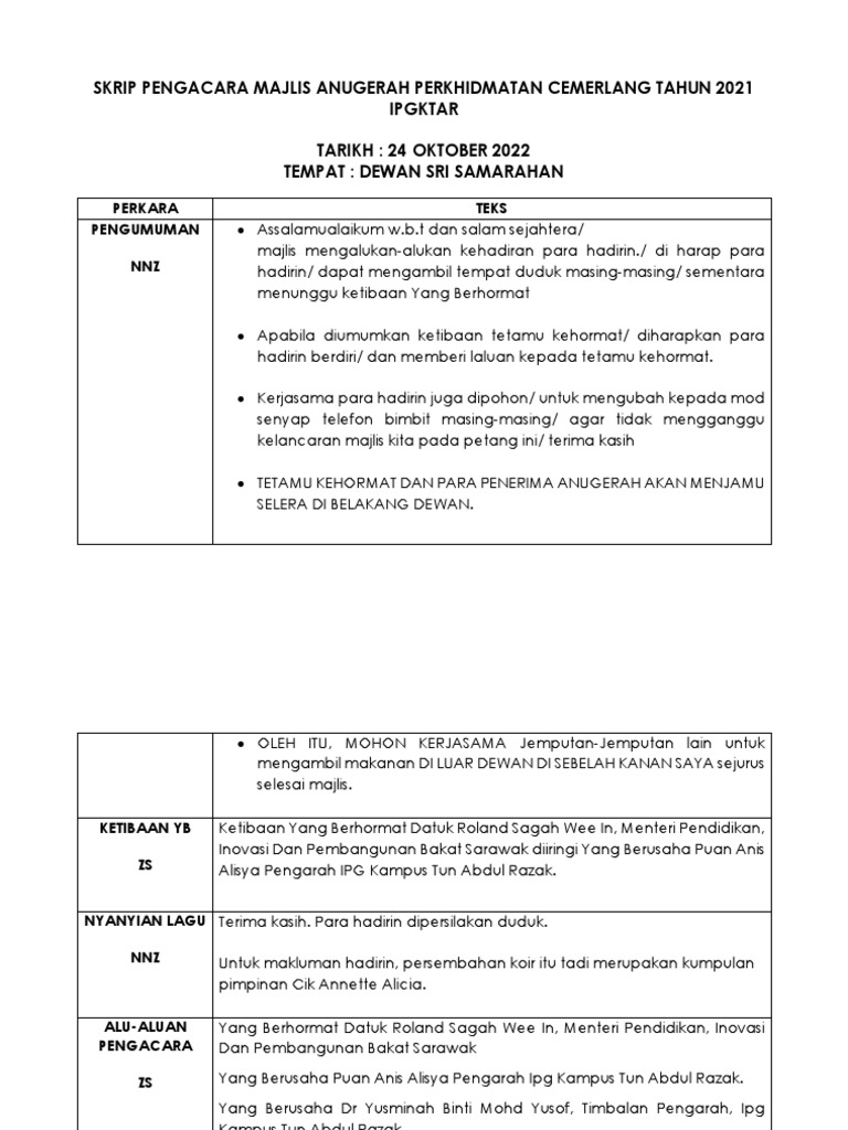 Skrip Pengacara Majlis Anugerah Perkhidmatan Cemerlang Tahun 2021 ...