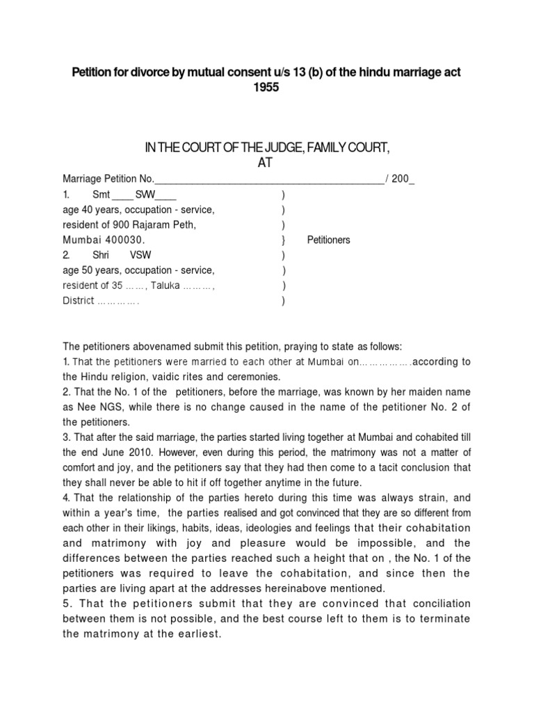 Mutual Consent Divorce Petition Format | PDF | Marriage | Divorce