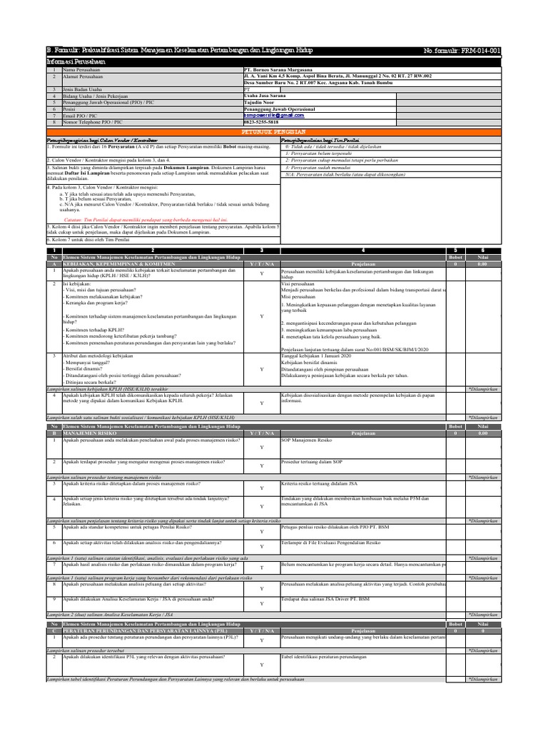 Form Selfassessment Implementasi CSMS PT. Borneo Sarana Margasana | PDF