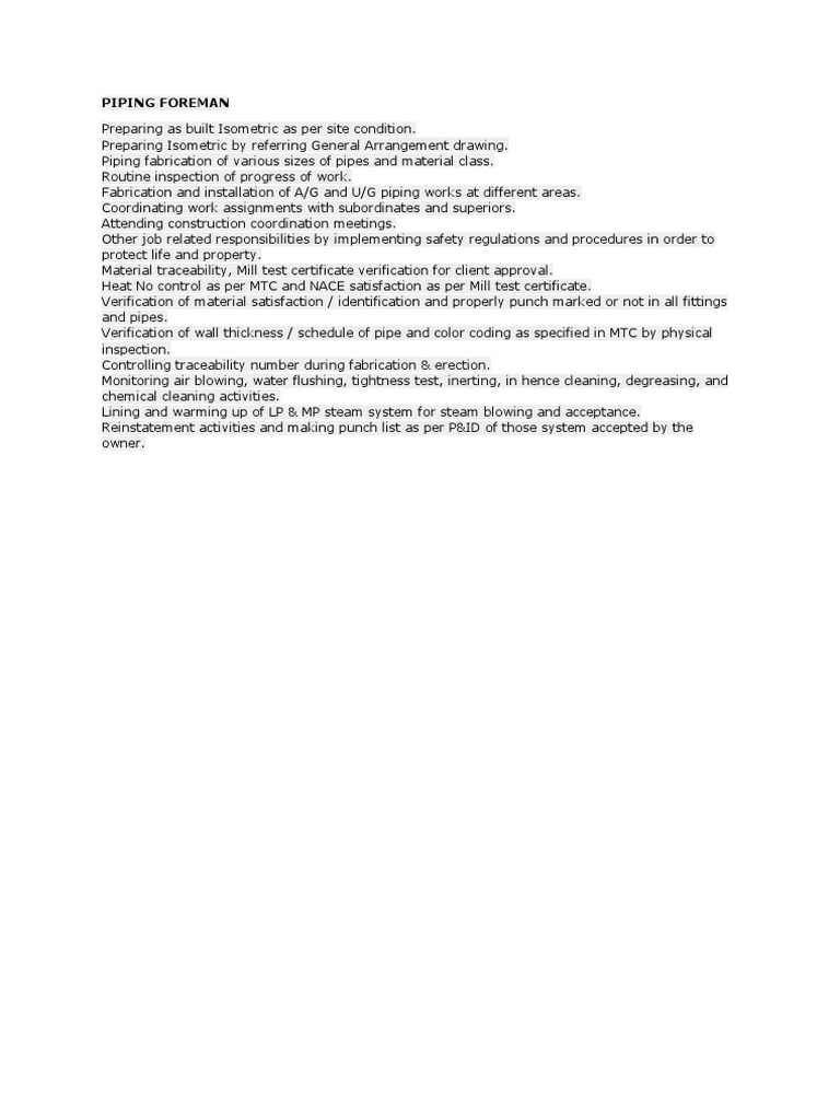 PIPING FOREMAN Roles and Responsibilities | PDF