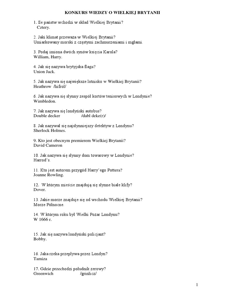 Konkurs Wiedzy o Wielkiej Brytanii | PDF