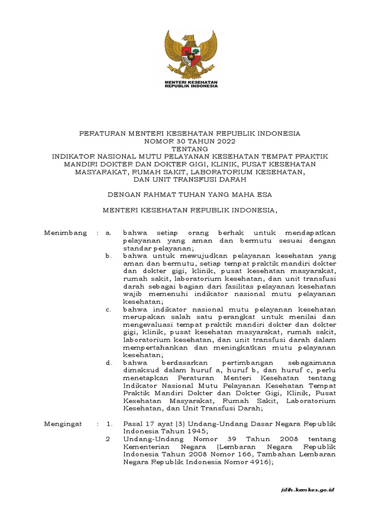 Permenkes RI Nomor 30 Tahun 2022 Tentang Indikator Nasional Mutu INM ...
