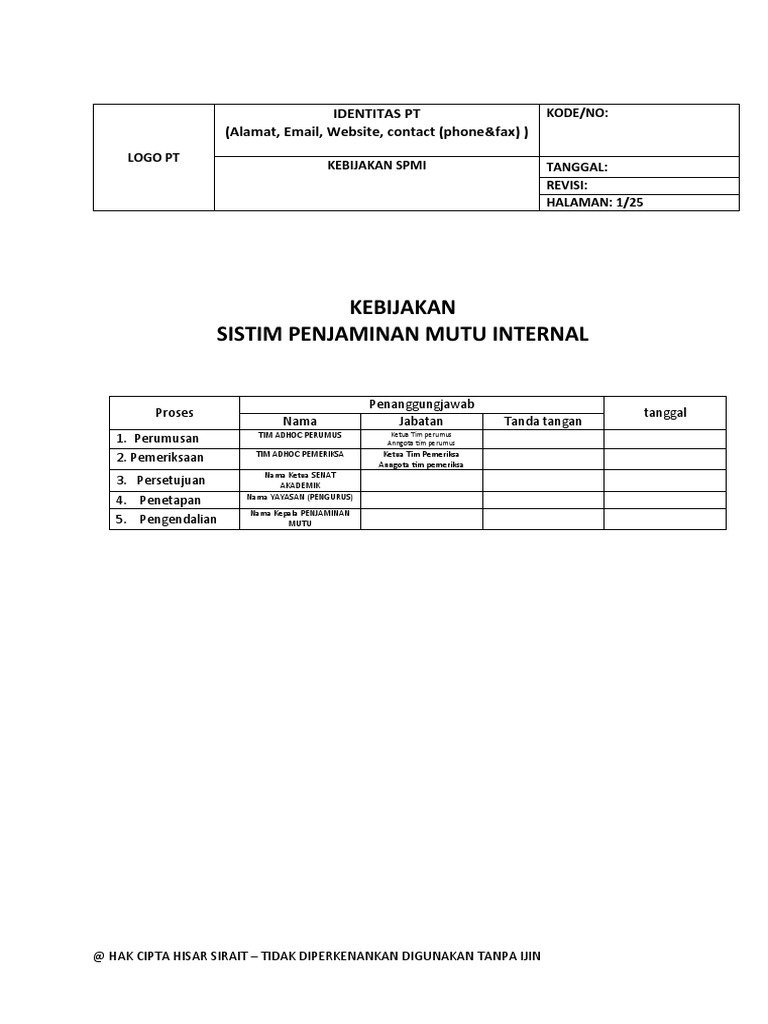 Template Penyusunan Dokumen Kebijakan Spmi | PDF