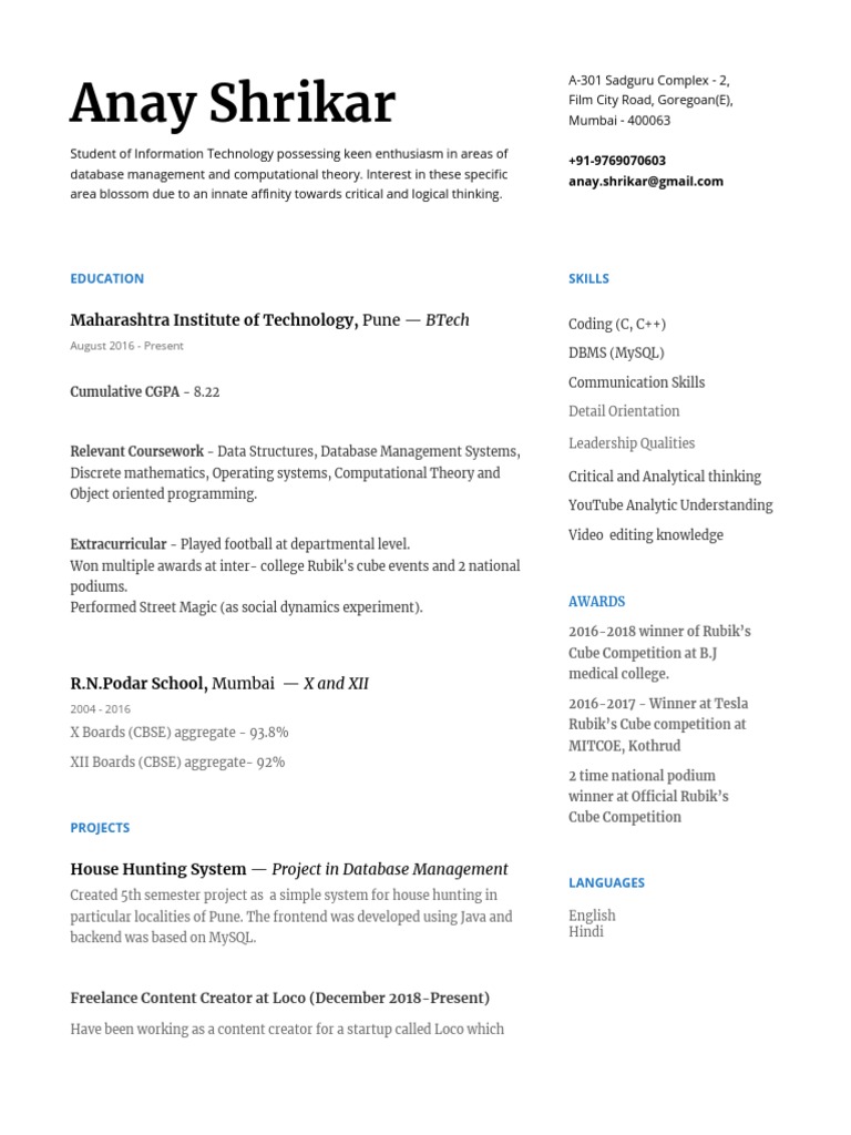 Anay Resume | PDF | Databases | Computing