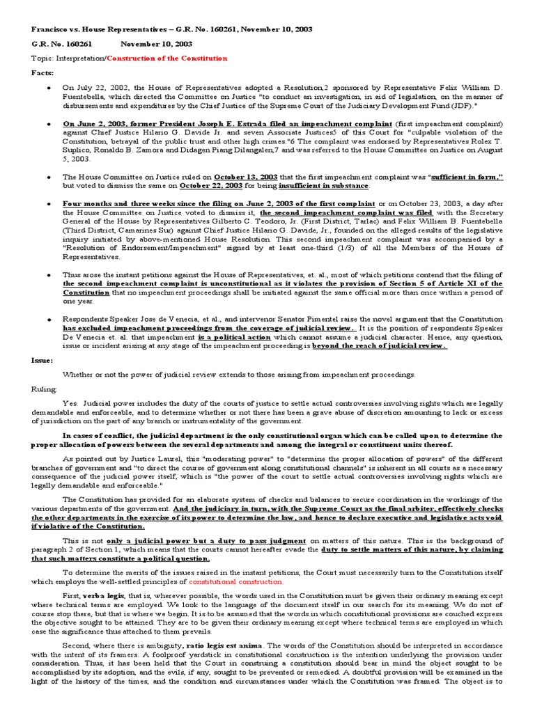 Francisco v. HOR, Digest | PDF | Impeachment | Constitution