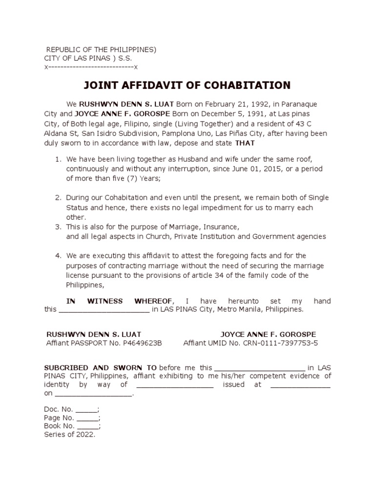 Affidavit of Cohabitation - Docx 01 | PDF