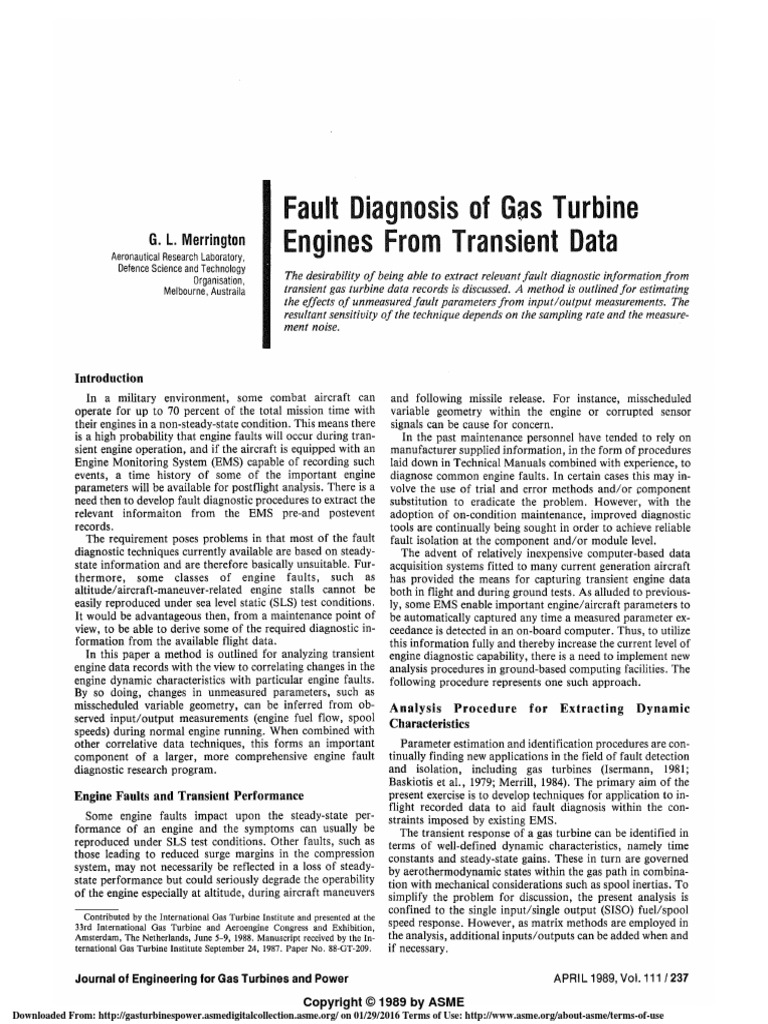 Fault Diagnosis of Gas Turbine Engines From Transient Data: G. L. Merrington | PDF | Estimator ...