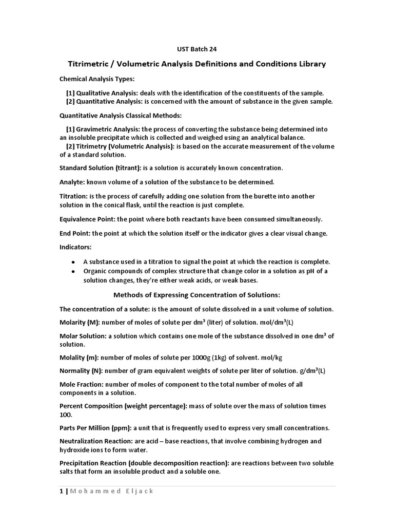Volumetric Analysis Definitions and Conditions Library by Eljack | PDF ...