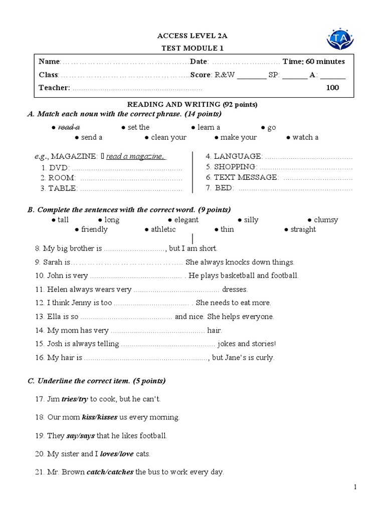 Access 2a Test 1 | PDF | Linguistics | Grammar