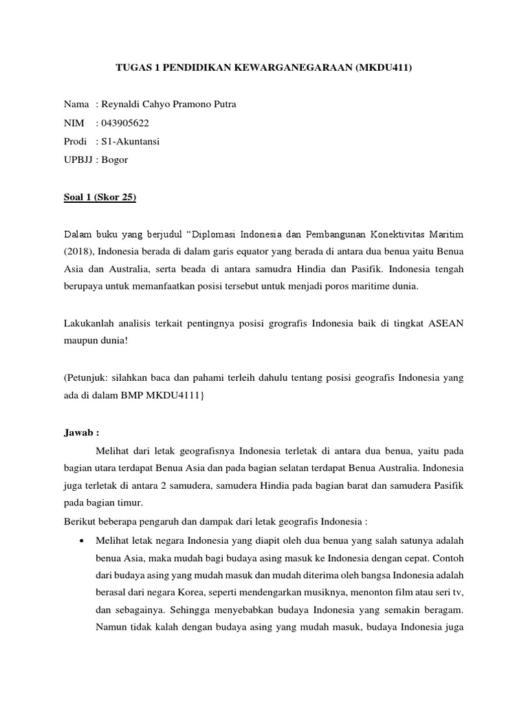 Tugas 1 Pendidikan Kewarganegaraan (Mkdu411) | PDF