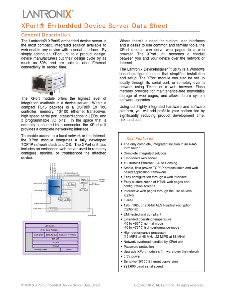 XPort® Embedded Device Server Data Sheet | PDF | Computer Network | World Wide Web