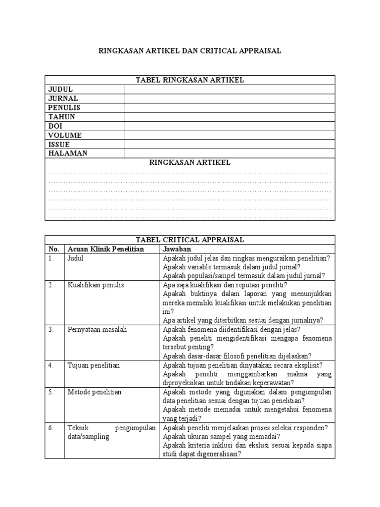 Format Ringkasan Artikel Dan Critical Appraisal | PDF