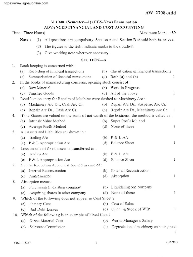 Mcom 1 Sem Advanced Financial N Cost Accounting New S 2019 | PDF | Financial Economics ...