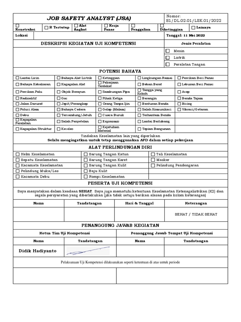 Job Safety Analyst (Jsa) : Deskripsi Kegiatan Uji Kompetensi | PDF