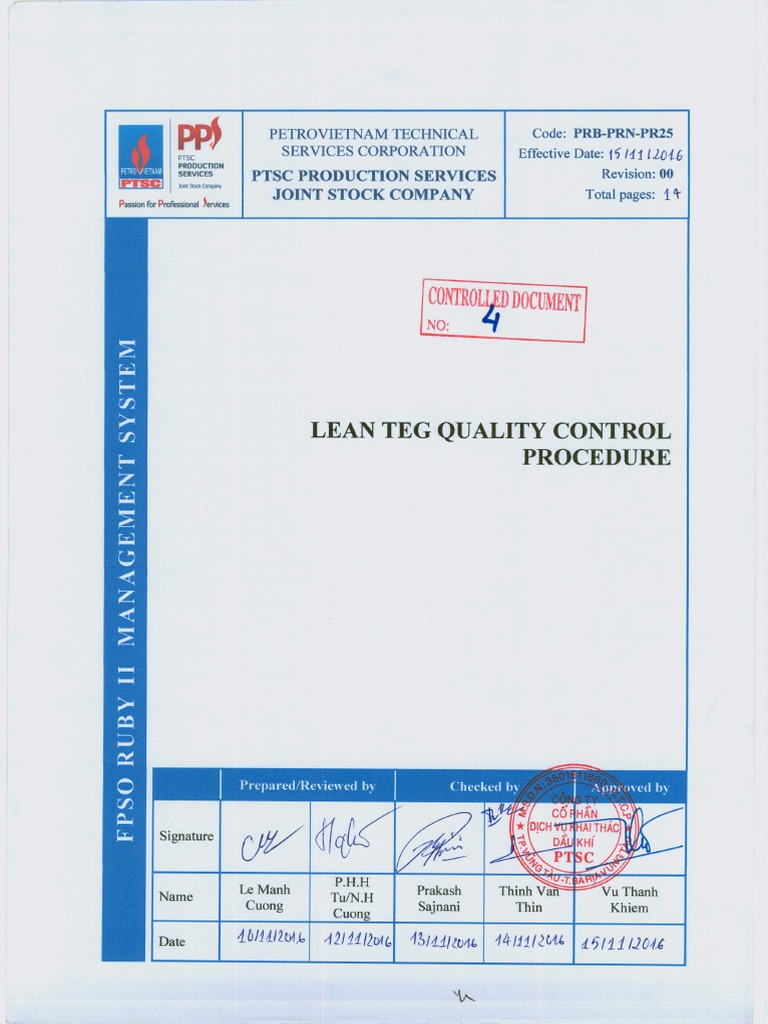 Lean TEG Quality Control Procedure | PDF | Filtration | Heat Exchanger