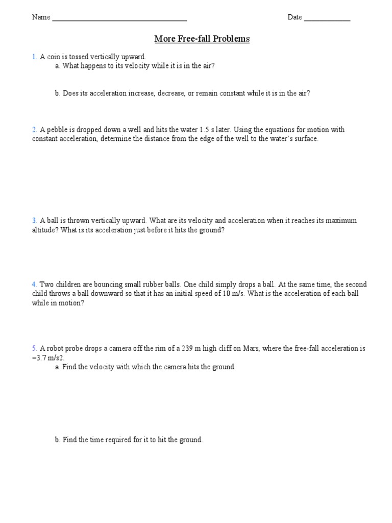 24 More Freefall Problems Pdf Acceleration Velocity