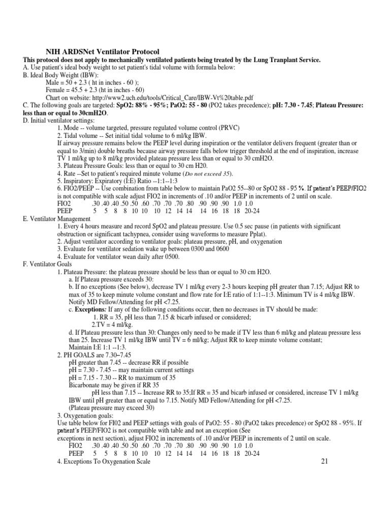 NIH ARDSNet Ventilator Protocol Guide | PDF | Medicine | Medical Treatments