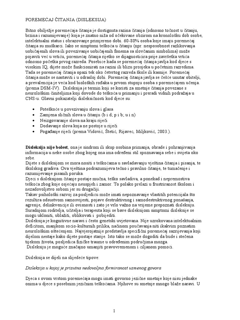 Poremecaj Disleksija | PDF