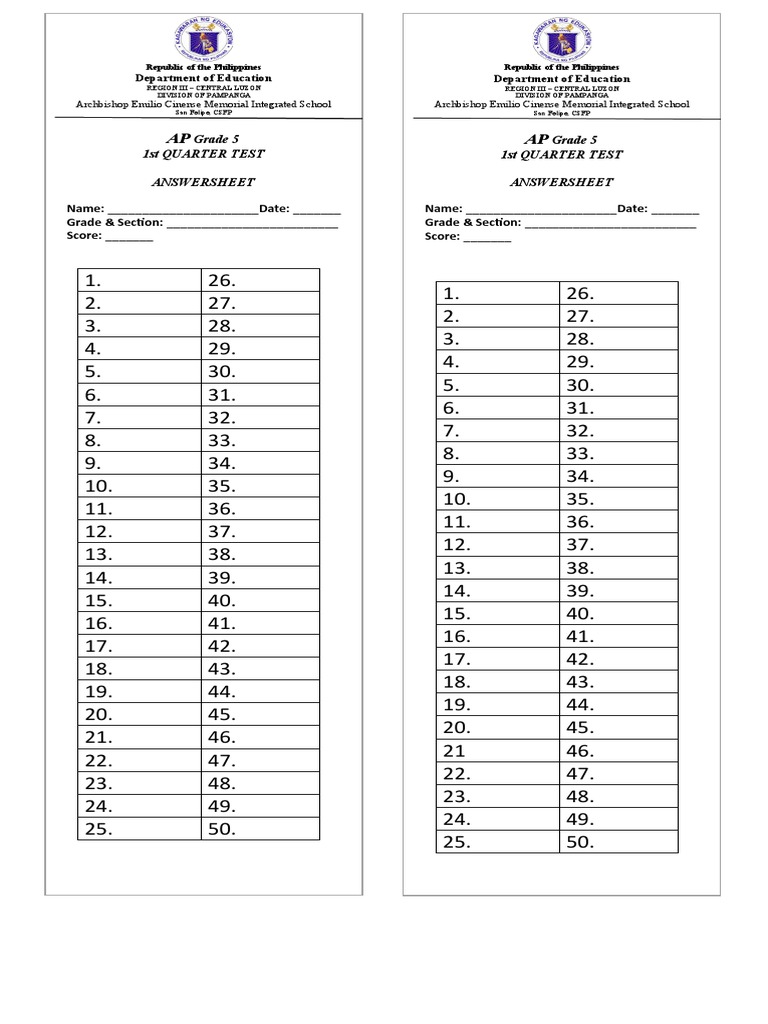 ANSWERSHEET | PDF | Philippines