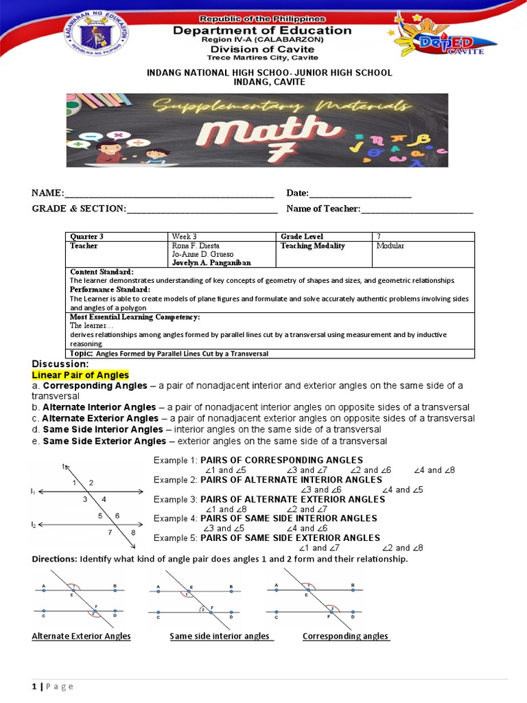 MATH7 SUPPLEMENTARY LEARNING MATERIALS Q3 Weeks 3 and 4 | PDF | Angle | Mathematics