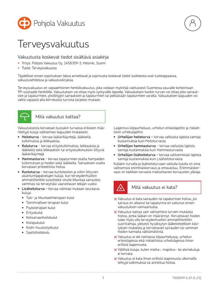 Terveysvakuutus: Vakuutusta Koskevat Tiedot Sisältävä Asiakirja | PDF