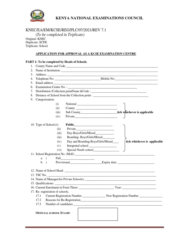 2021 Application For Approval As A KCSE Examination Centre | PDF | Business