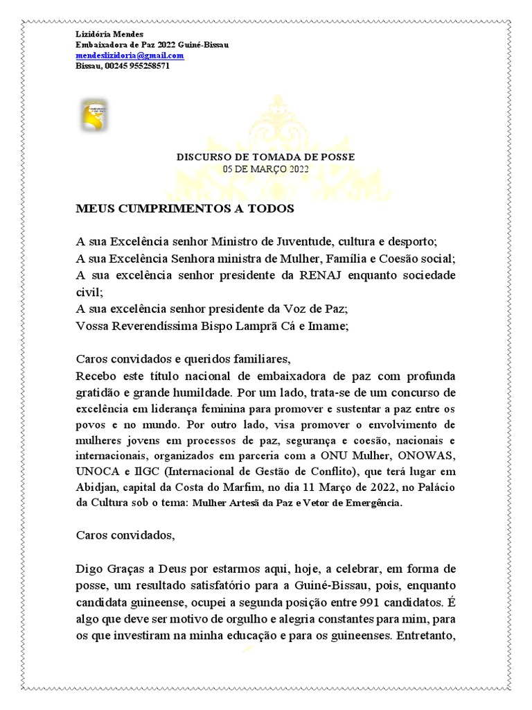 Discurso de Tomada de Posse-05 de Mar - o | PDF | Paz | Ucrânia