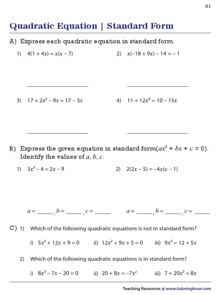 Rewriting Quadratic Equations in Standard Form | PDF