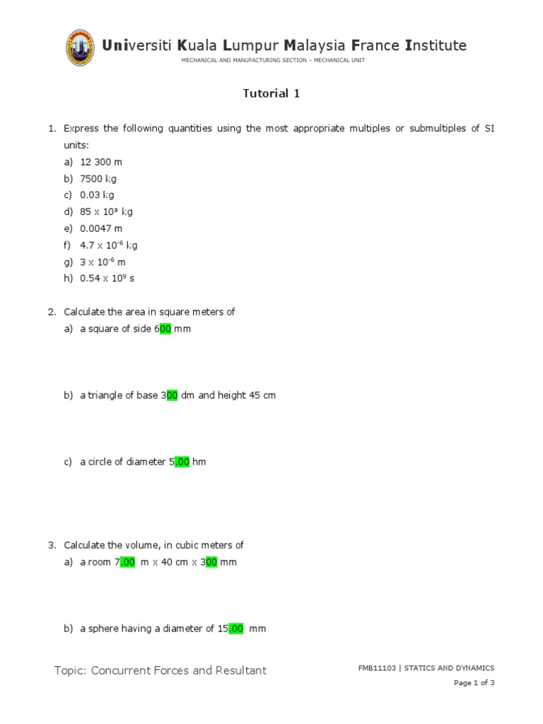 Tutorial 1 | PDF | Volume | Density
