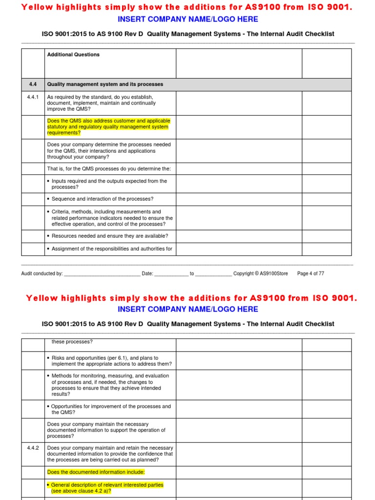 1 AS 9100 D Over ISO 9001 Audit Checklist Sample | PDF | Quality ...
