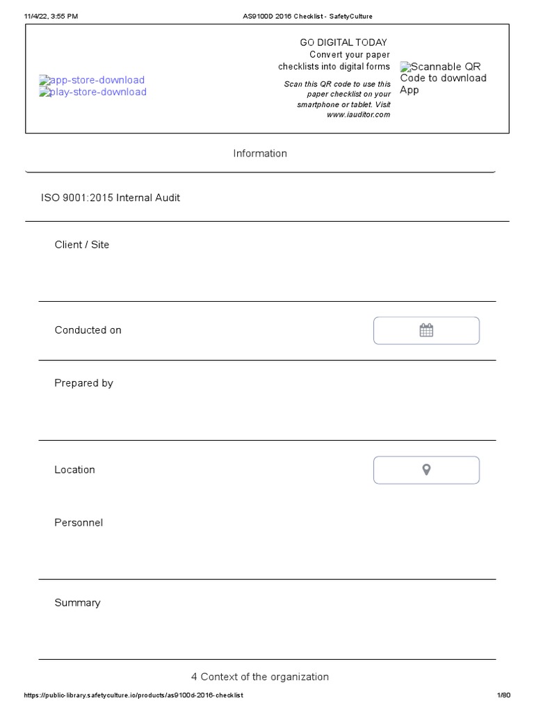 AS9100D 2016 Checklist - SafetyCulture | Download Free PDF | Quality ...