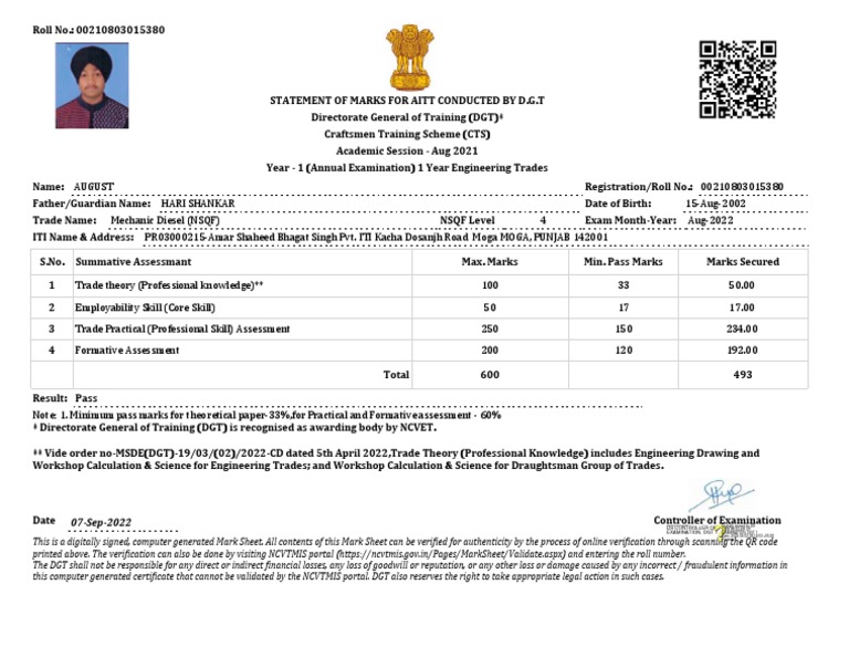 ITI Diesel Mechanic Marksheet 2022 | PDF