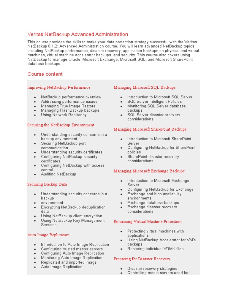 Veritas NetBackup Advanced Administration | PDF | Backup | Microsoft Sql Server