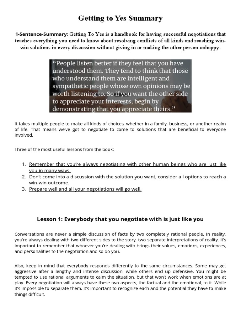 Fisher, Ury and Patton - Getting To Yes - Summary | PDF | Negotiation ...