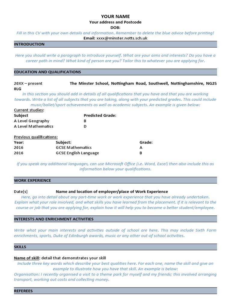 CV Template for Year 12 Students | PDF | Internship | Job Hunting