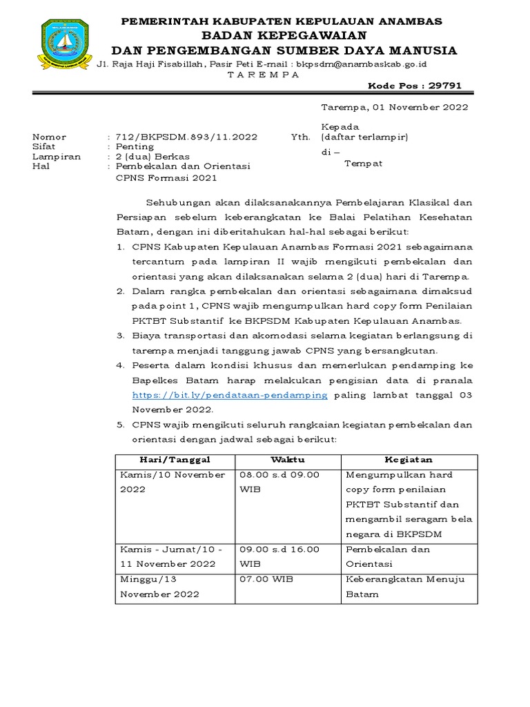 Surat Pemberitahuan Orientasi Latsar CPNS Formasi 2021 T.A. 2022 | PDF