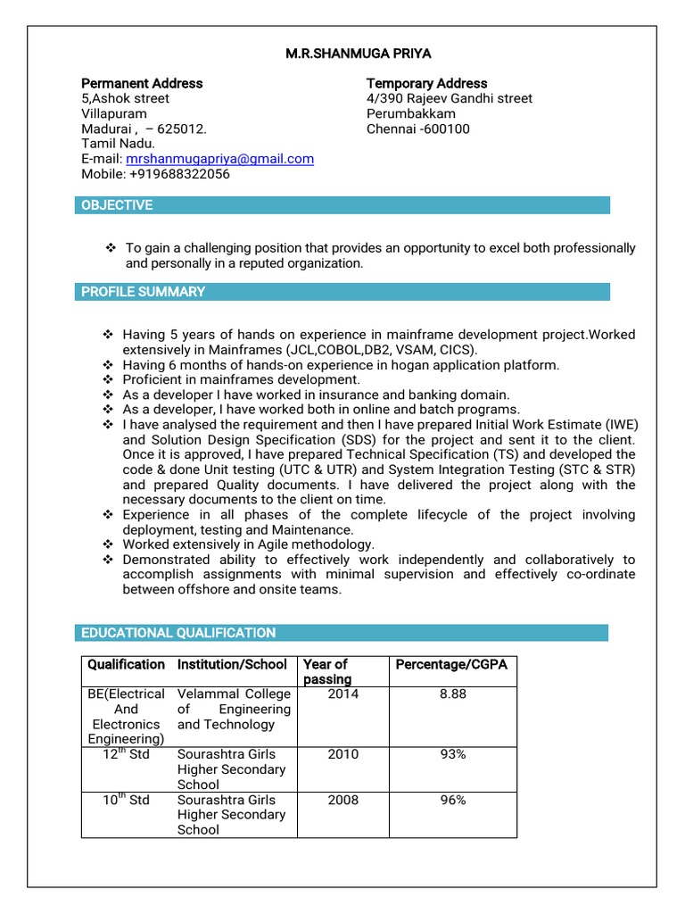 Shanmuga Priya M R - Cobol Dev - Techm - Chennai | PDF | Computing | Information Technology ...