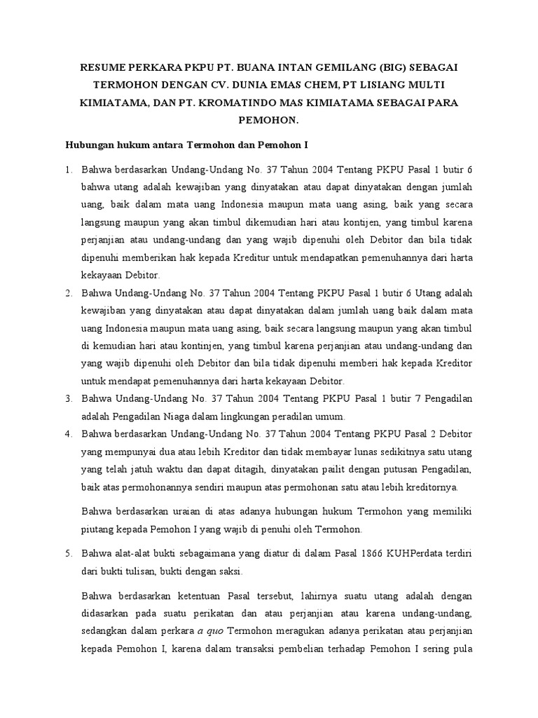Resume Perkara Pkpu PT Buana Intan Gemilang | PDF