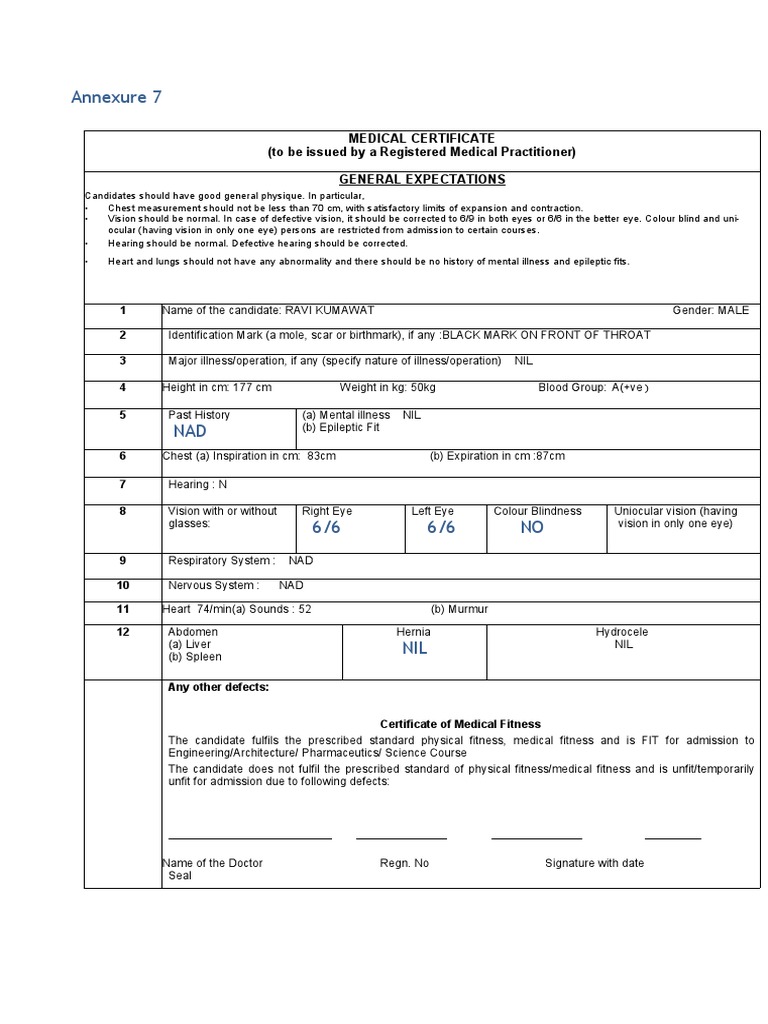 Annexure 7: Medical Certificate (To Be Issued by A Registered Medical Practitioner) General ...